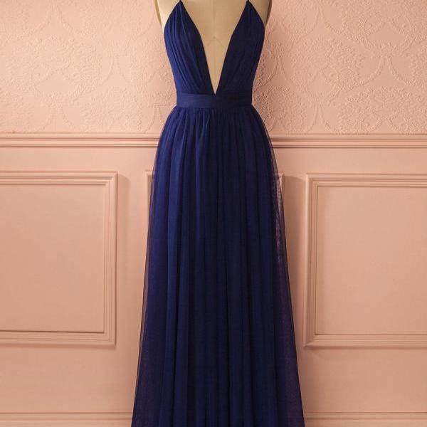 Navy Prom Dress Sexy V Neck Backless Prom Dress Simple Prom Dress
